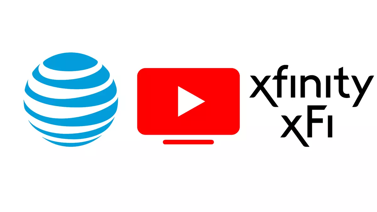 Os logotipos de AT&T, YouTube TV e Xfinity XFI