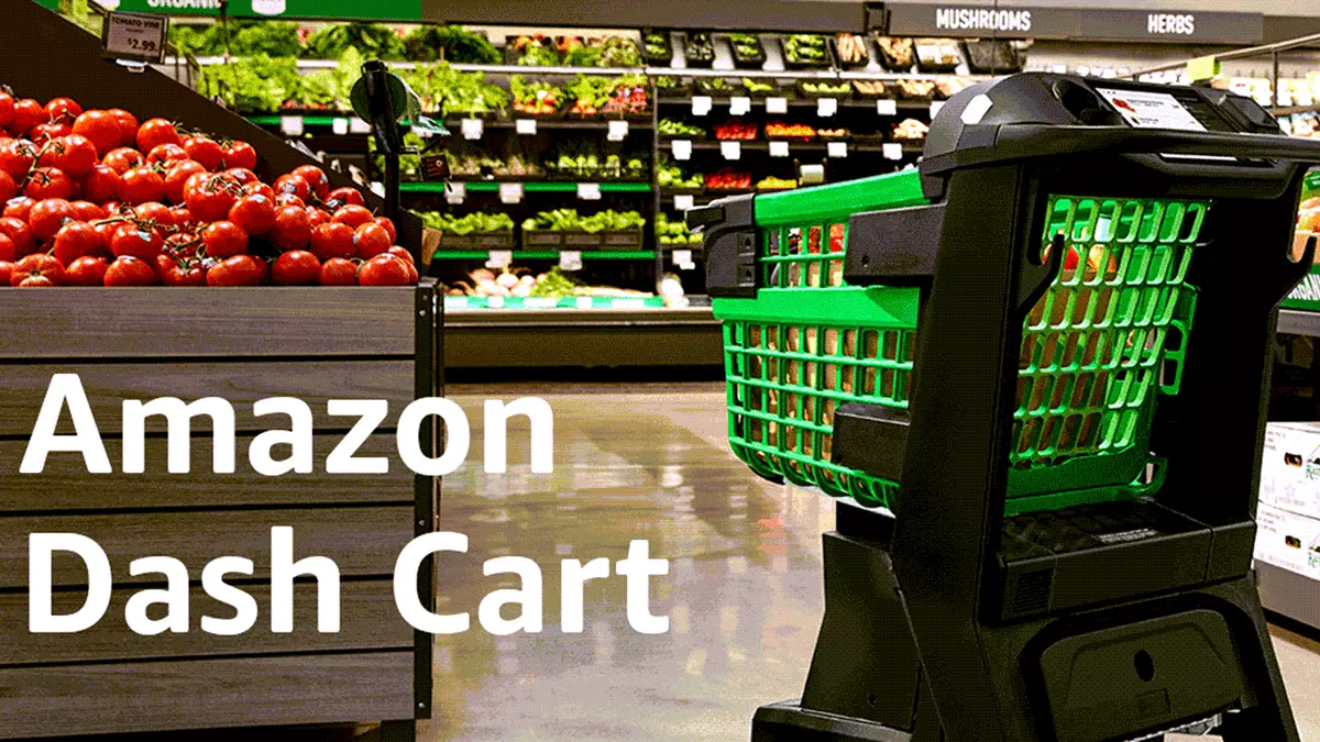பச்சை மற்றும் கருப்பு நிறத்தில் ஒரு Amazon Dash Cart.