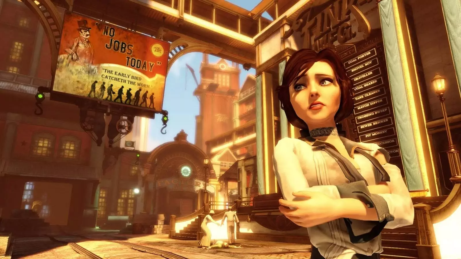 Žena gleda u daljinu u Steampunk okruženju.