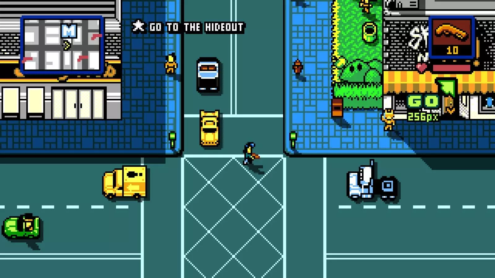 8-bitna igra z moškim, ki drži pištolo in prečka ulico.