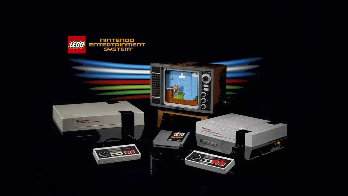 LEGO NES, ine controller, game cartridge, uye TV