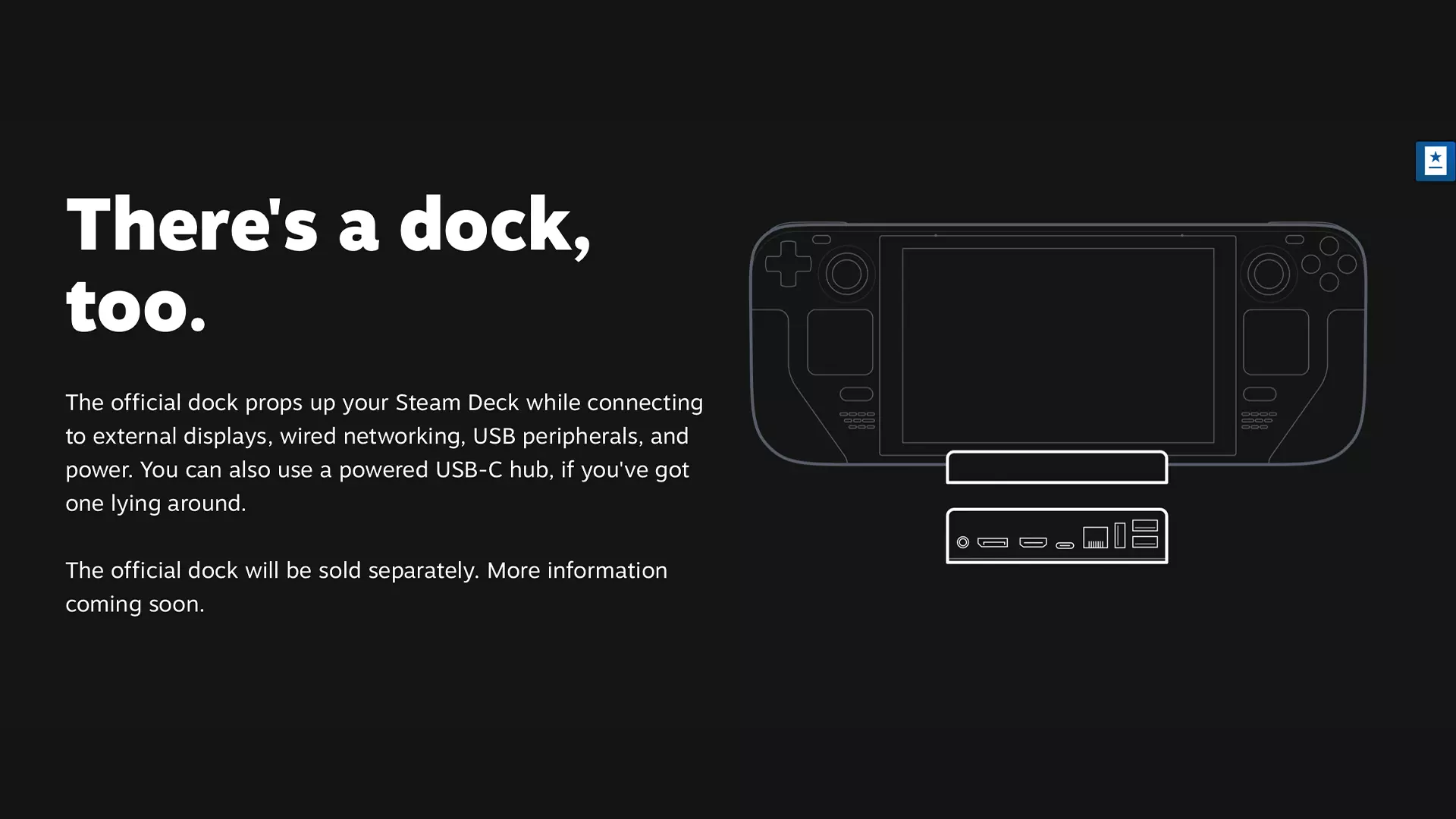 Spanduk yang menjelaskan bahwa Steam Deck Dock menyediakan daya, output video, dan input USB untuk Steam Deck Anda.