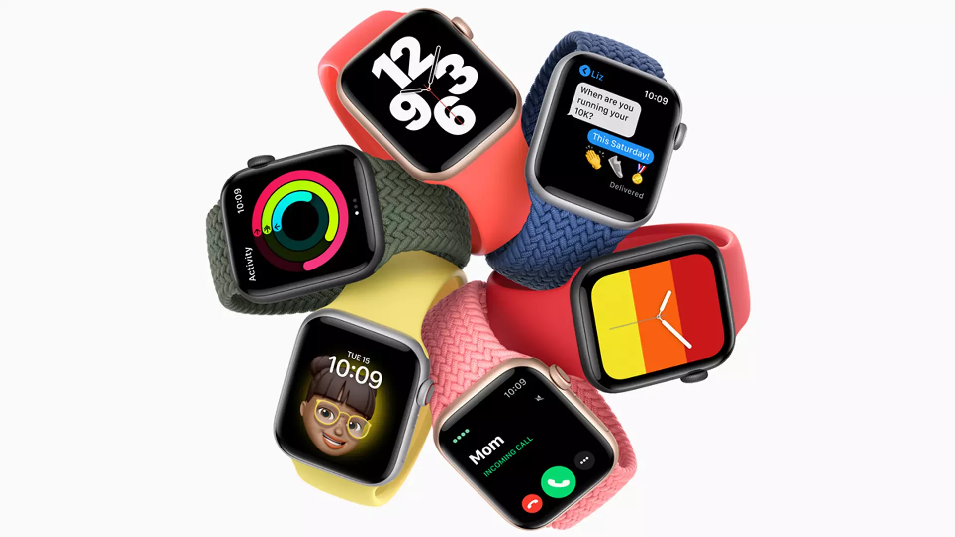 Apple Watch SE-ის ფოტო მრავალ ფერში.