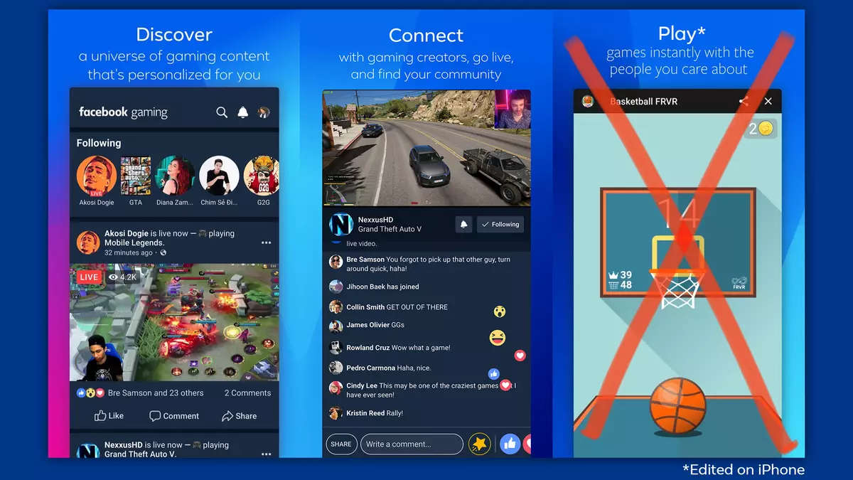 „Facebook Gaming“ vaizdai „iOS“ su perbrauktais žaidimais.