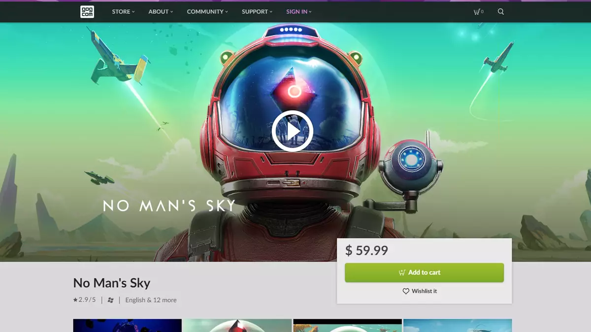 ภาพของหน้า No Man's Sky บนเว็บไซต์ GOG