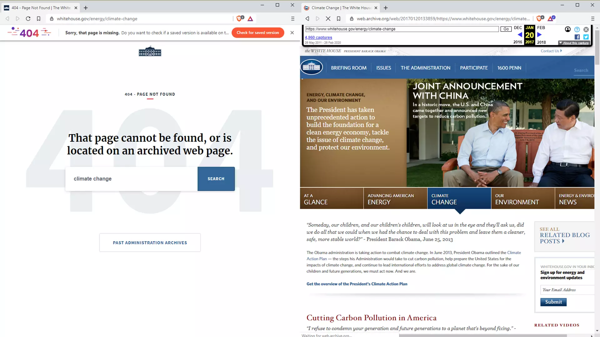 Archive.org nganggo portal perubahan iklim whitehouse.gov anu nembe dihapus salaku conto kumaha Wayback Machine jalan sareng browser Brave.