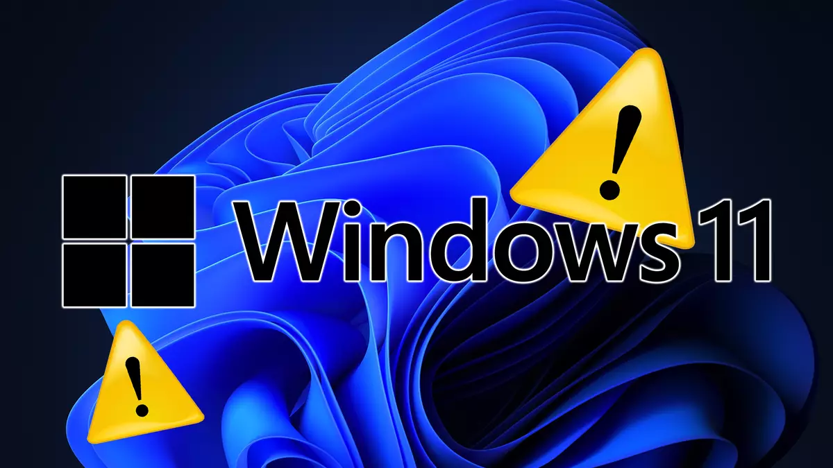 „Windows 11“ logotipas su „Windows XP“ įspėjimo piktogramomis.