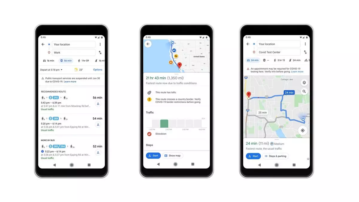 Drie Android-fone wat nuwe Google Maps-kenmerke wys.