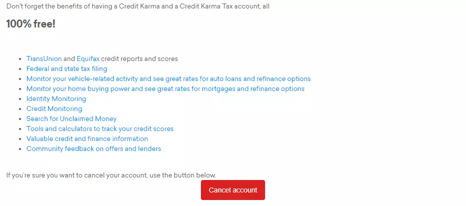 unha imaxe da páxina de cancelación da conta de Credit Karma