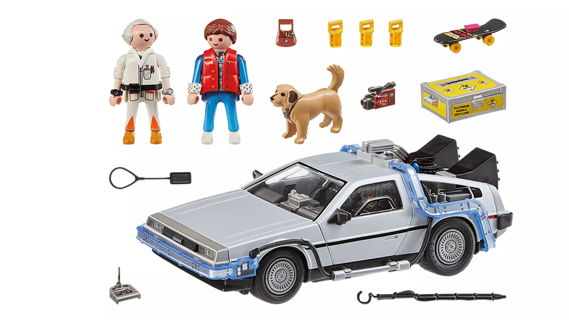 Hela Playmobil DeLorean-setet med Doc och Marty-figurer.