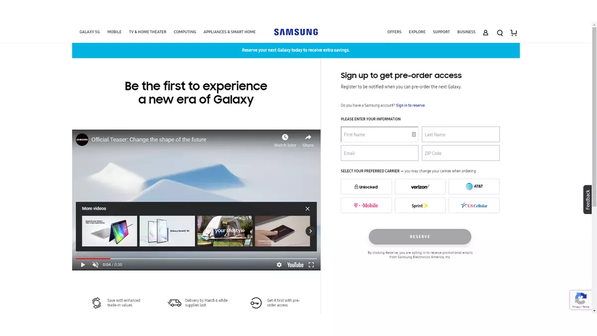 Samsung tīmekļa lapa, kurā ir informācija par gaidāmo Galaxy tālruņu reģistrāciju.