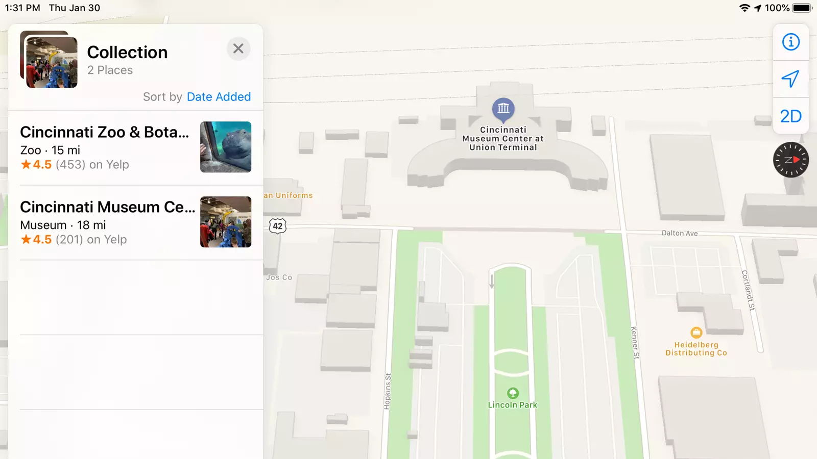 Az Apple Maps nézete a Cincinnati Múzeumi Központról