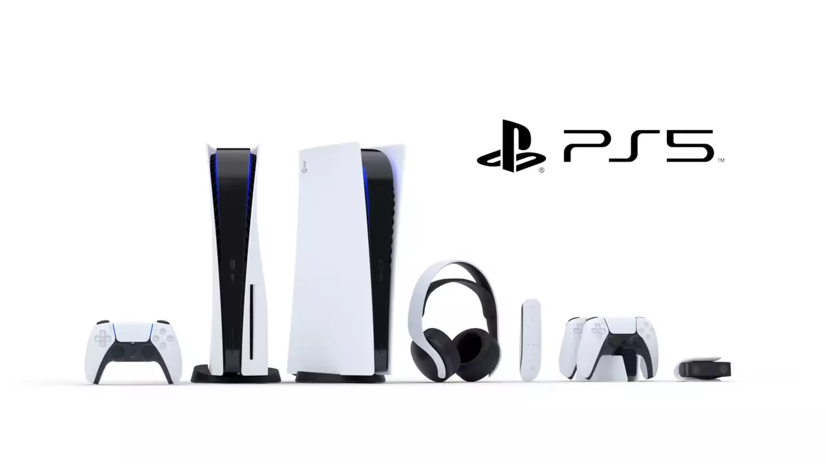 Sony PS5 v diskové a bezdiskové verzi, spolu s odpovídajícími ovladači, sluchátky, fotoaparátem a ovladačem médií.
