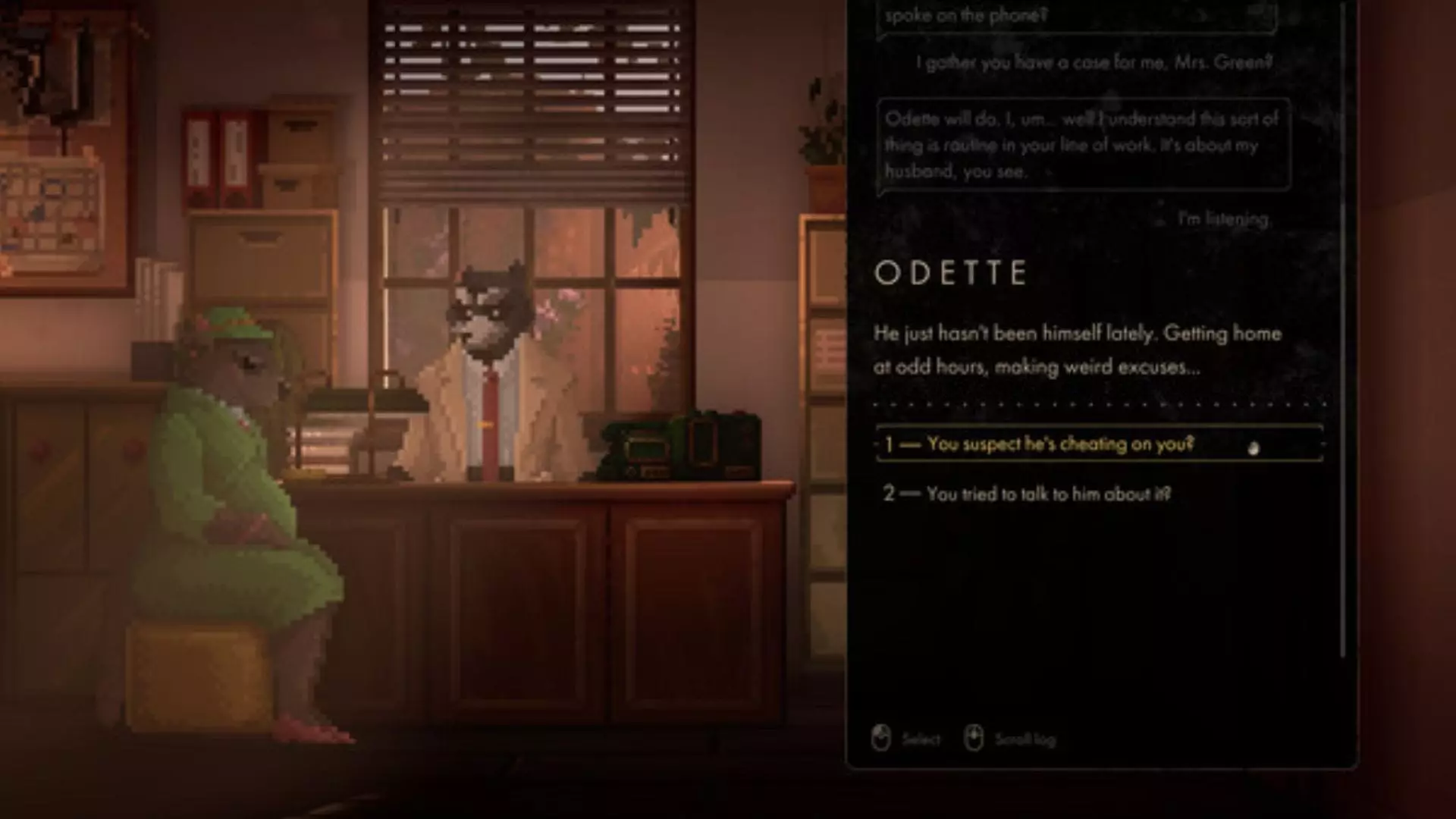 afbeelding van de backbone-videogame waarin de hoofdpersoon een nieuwe zaak bespreekt met zijn cliënt