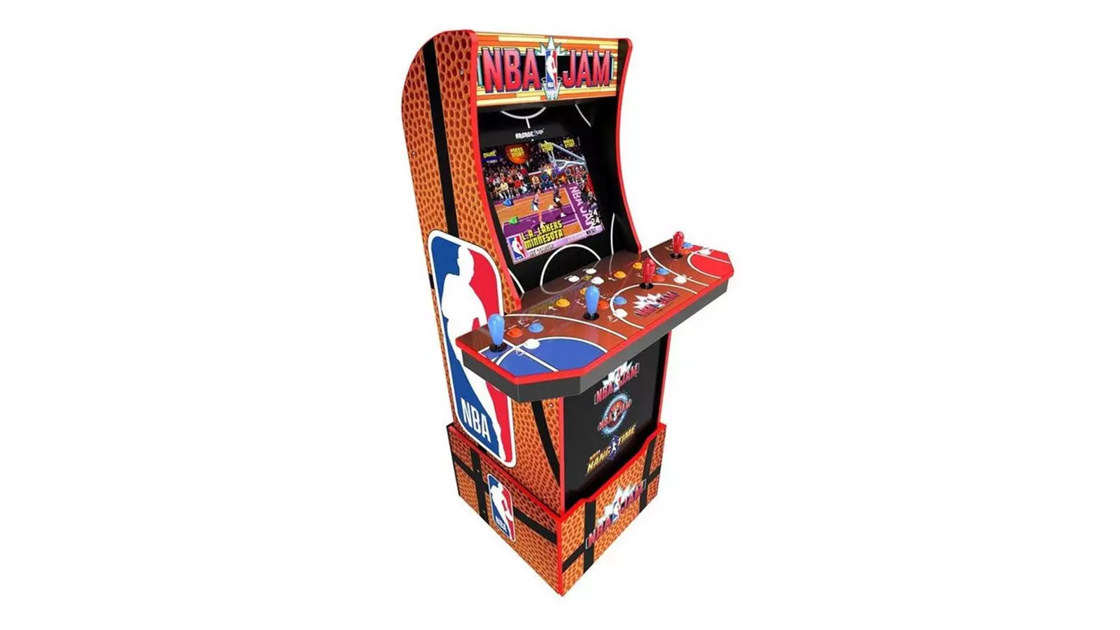 Eine Arcade1Up NBA Jam Machine mit vier Joysticks.
