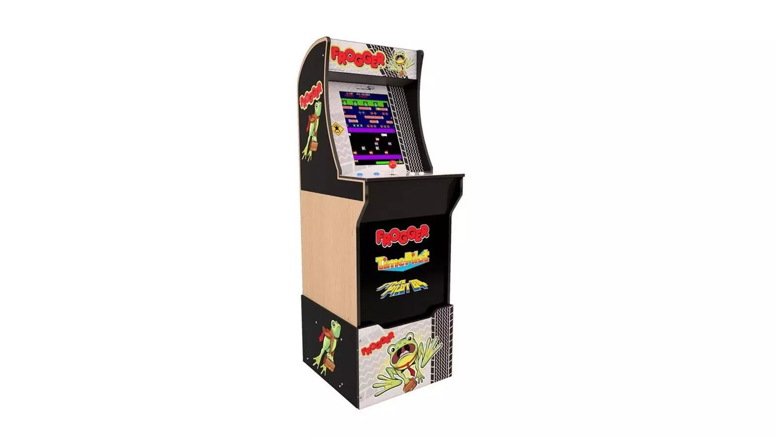 தனிப்பயன் ரைசர் மற்றும் ஒரு ஜாய்ஸ்டிக் கொண்ட Frogger Arcade1Up கேபினெட்.