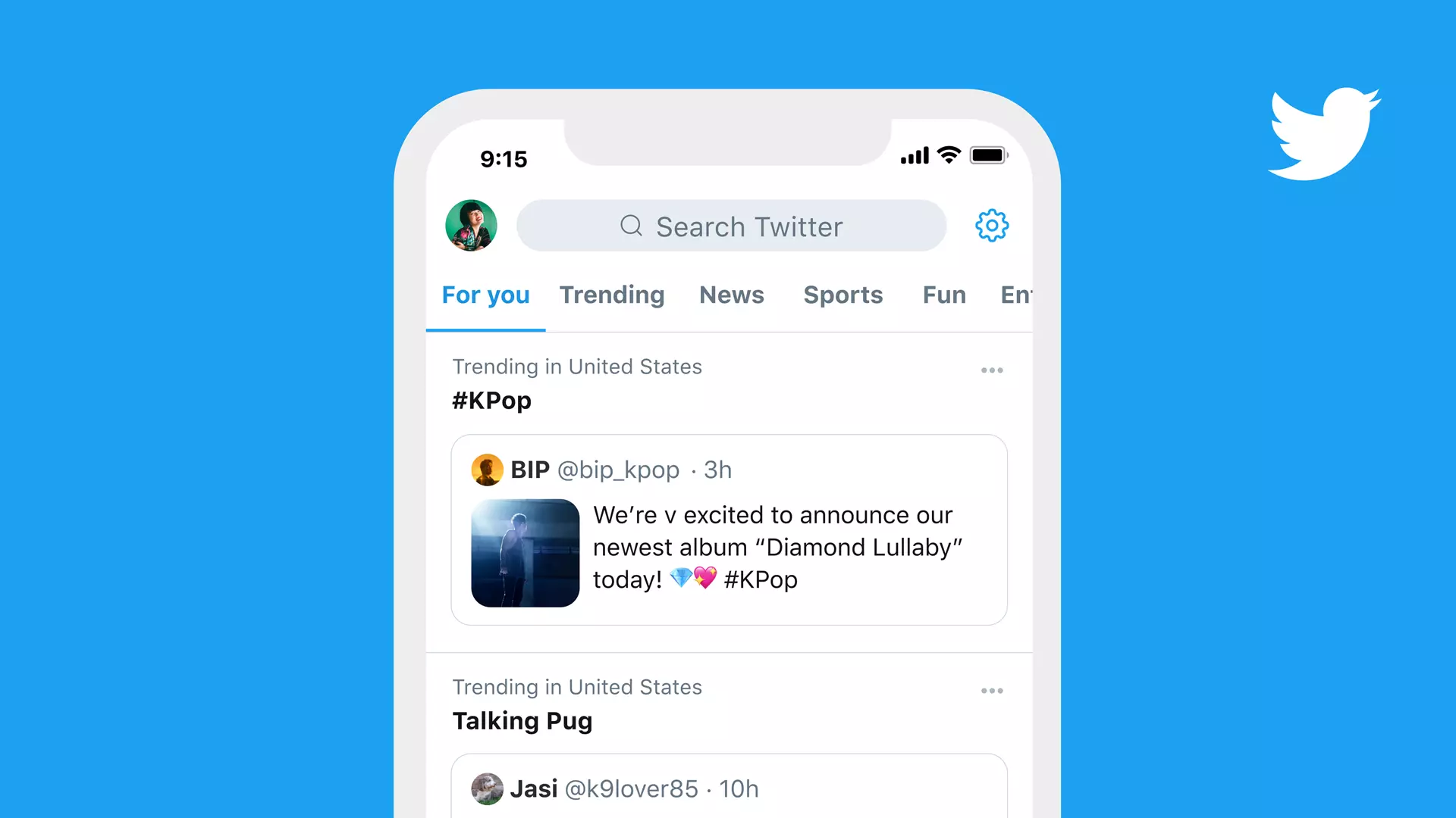 Uma maquete do Twitter mostrando uma seção de tendências com um tweet fixado.
