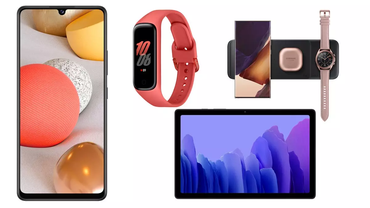 Samsung telefon, tablet, bezdrátová nabíječka a fitness tracker