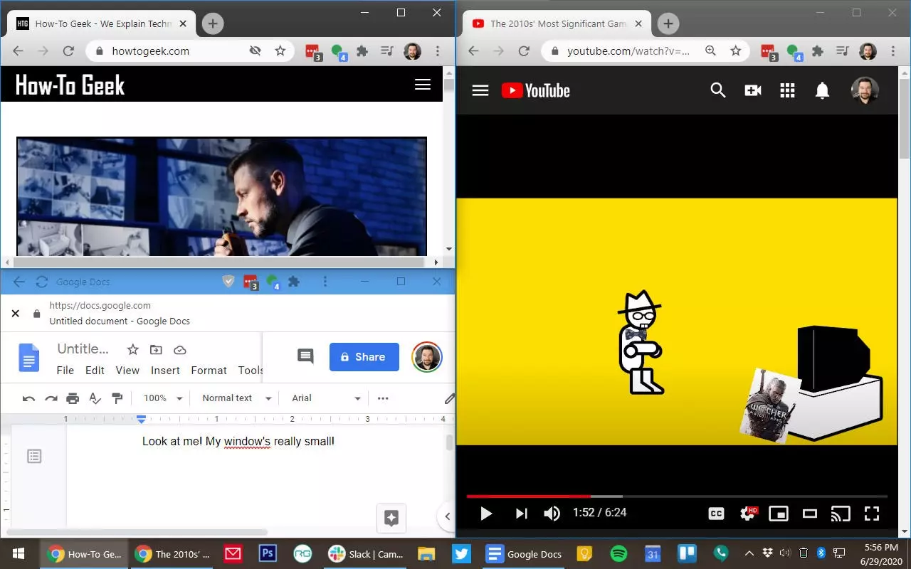 Chrome e Google Docs de um lado da tela, YouTube do outro.