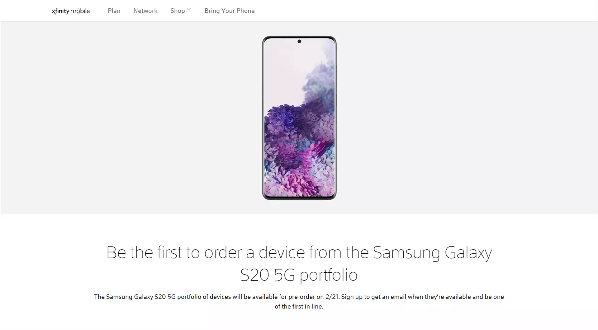 Xfinity Mobile Galaxy S20 ቅድመ-ትዕዛዝ ገጽ