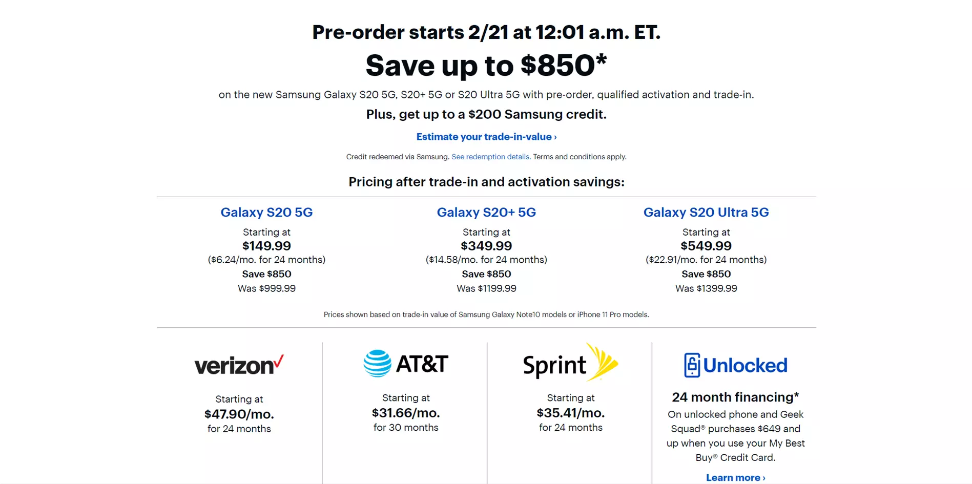 Best Buy Galaxy S20 Preorder Page