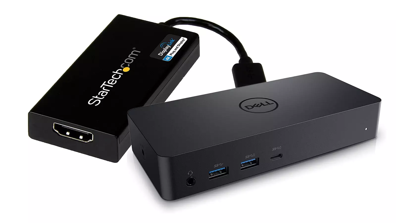 Dell Unviersal қондыру станциясы және StarTech DisplayLink USB адаптері.