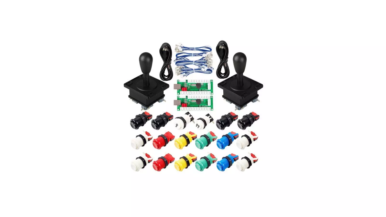 Két fekete joystick, 16 piros és kék gomb, valamint vezetékek.