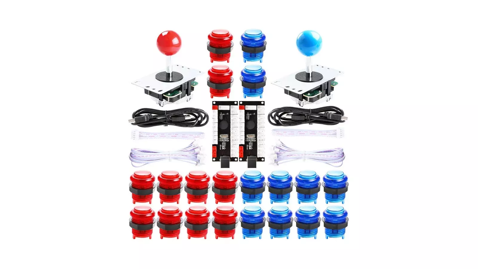 Dois joysticks com bolas vermelhas e azuis e 20 botões em azul e vermelho junto com a fiação.