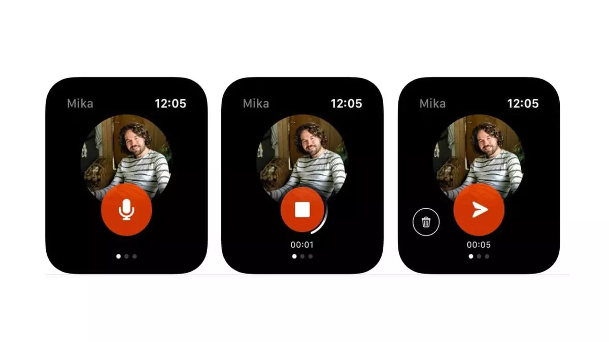 Tre bilder av en messenger-profil på KIT Apple Watch-appen