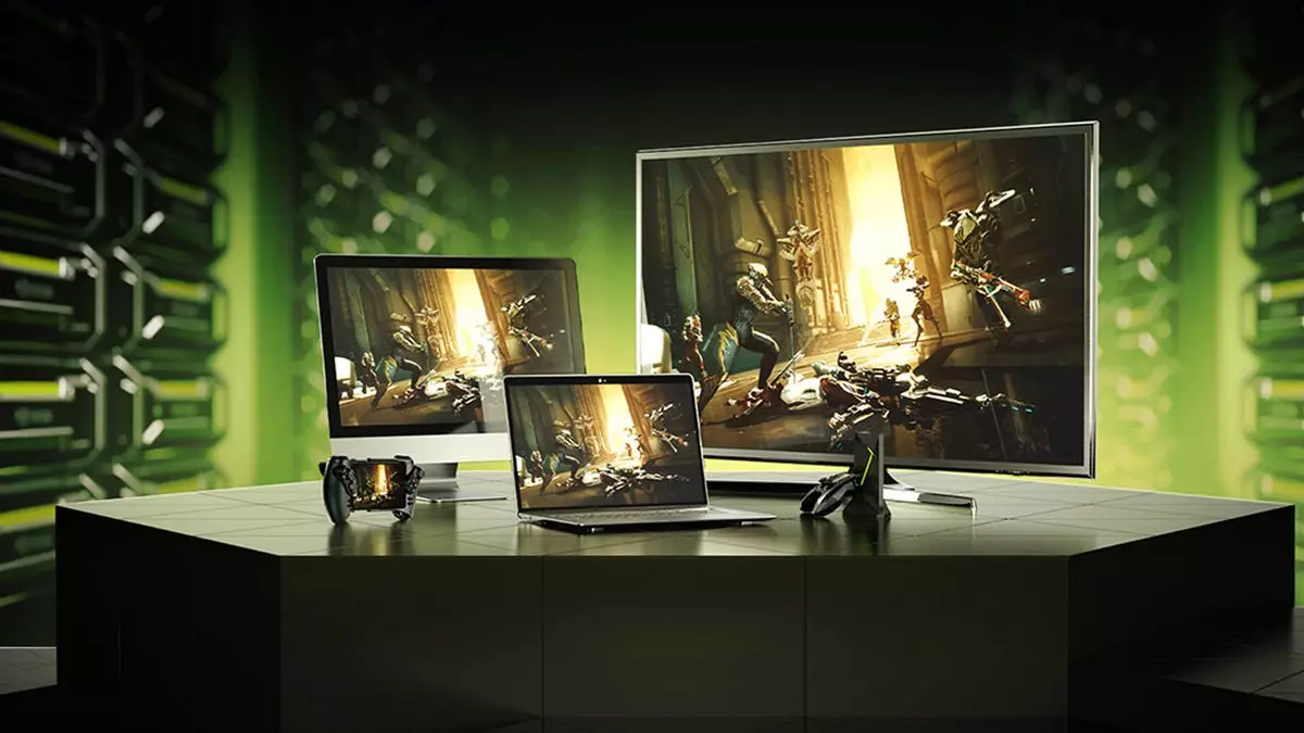 Diversi laptop e computer che installano un gioco GeForce Now.