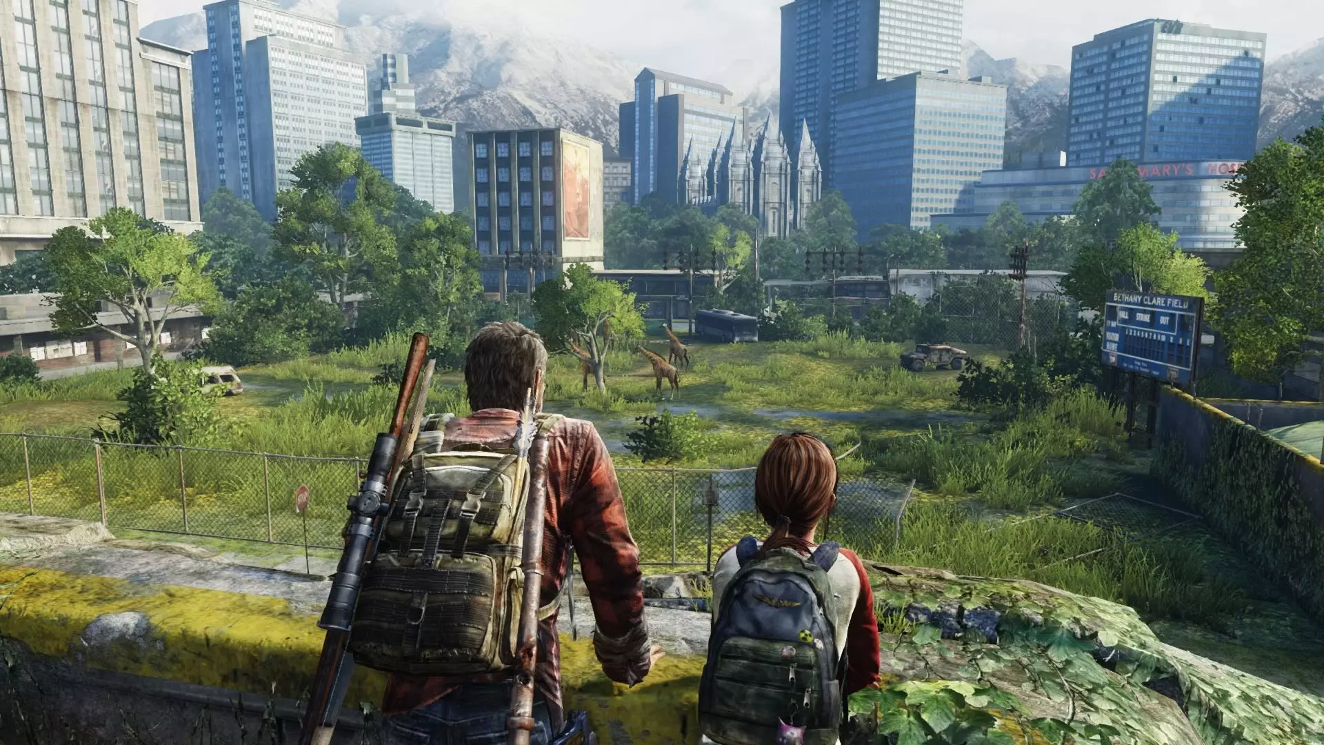 Joel i Ellie patrzą na żyrafy w The Last of Us