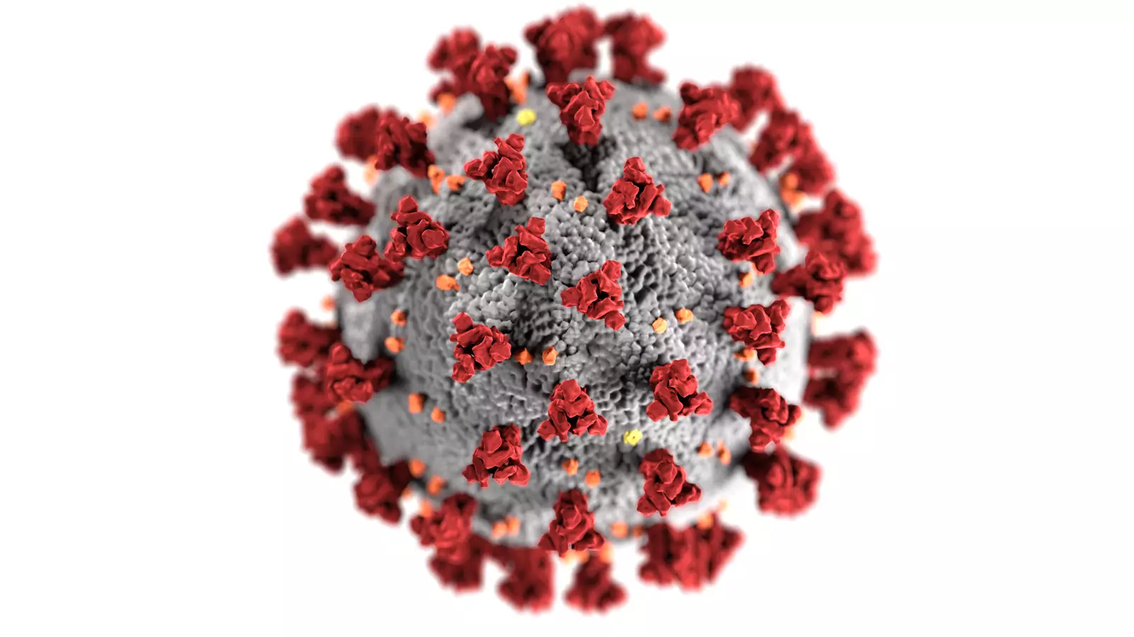 Ilustracija koronavirusa z rdečimi konicami.