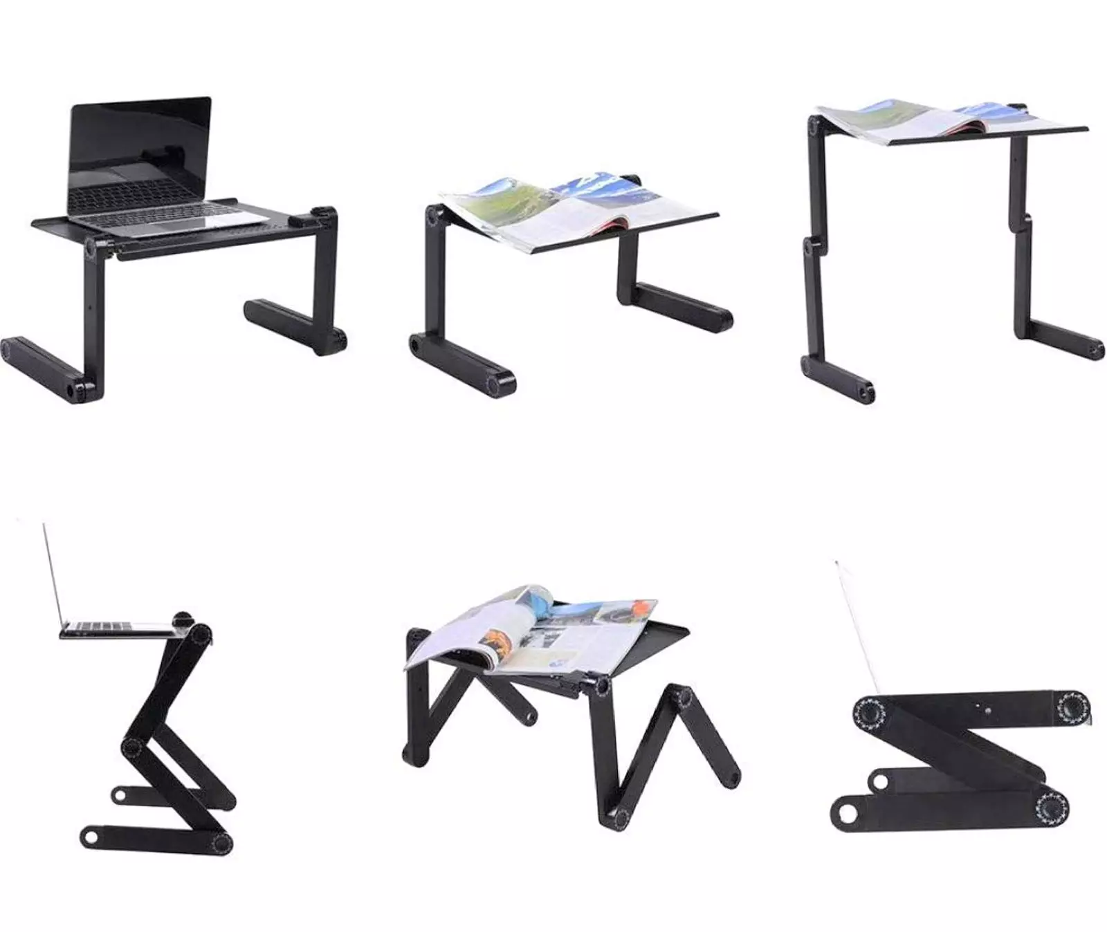 EXYST regulējamais klēpjdatora galda statīvs sešās dažādās pozīcijās ar klēpjdatoriem vai žurnāliem augšpusē.