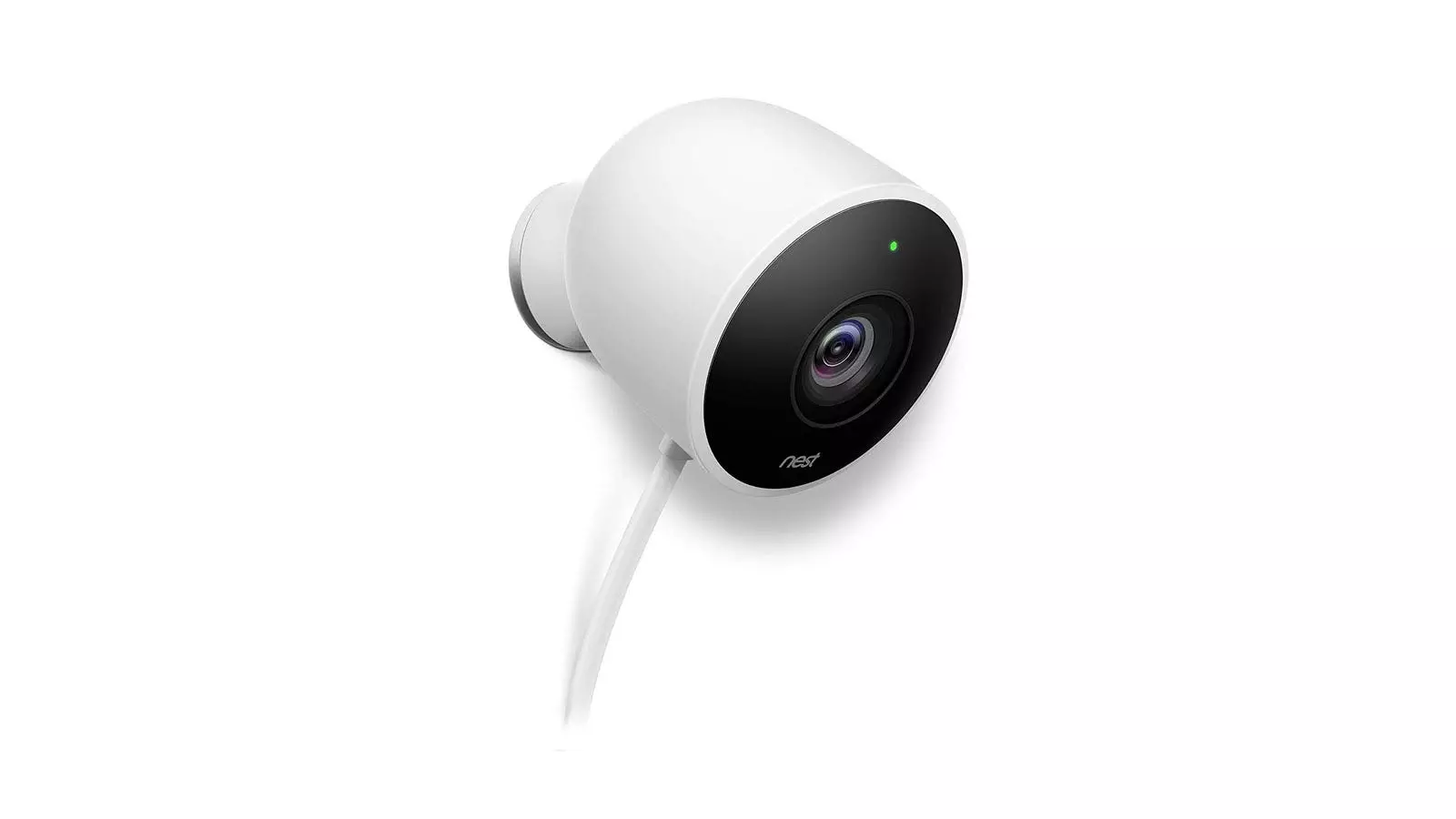 'n Wit Nest Cam Outdoor-kamera met 'n kragkoord wat van onder af hang.