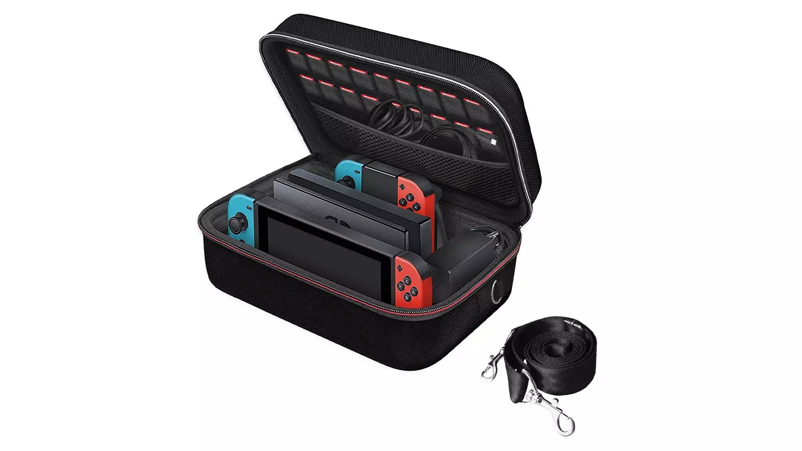 iVoler Nintendo Switch Carrying Case-ը բաց կափարիչով, որի ներսում ցուցադրվում են մի քանի լարեր և կարգավորիչներ: