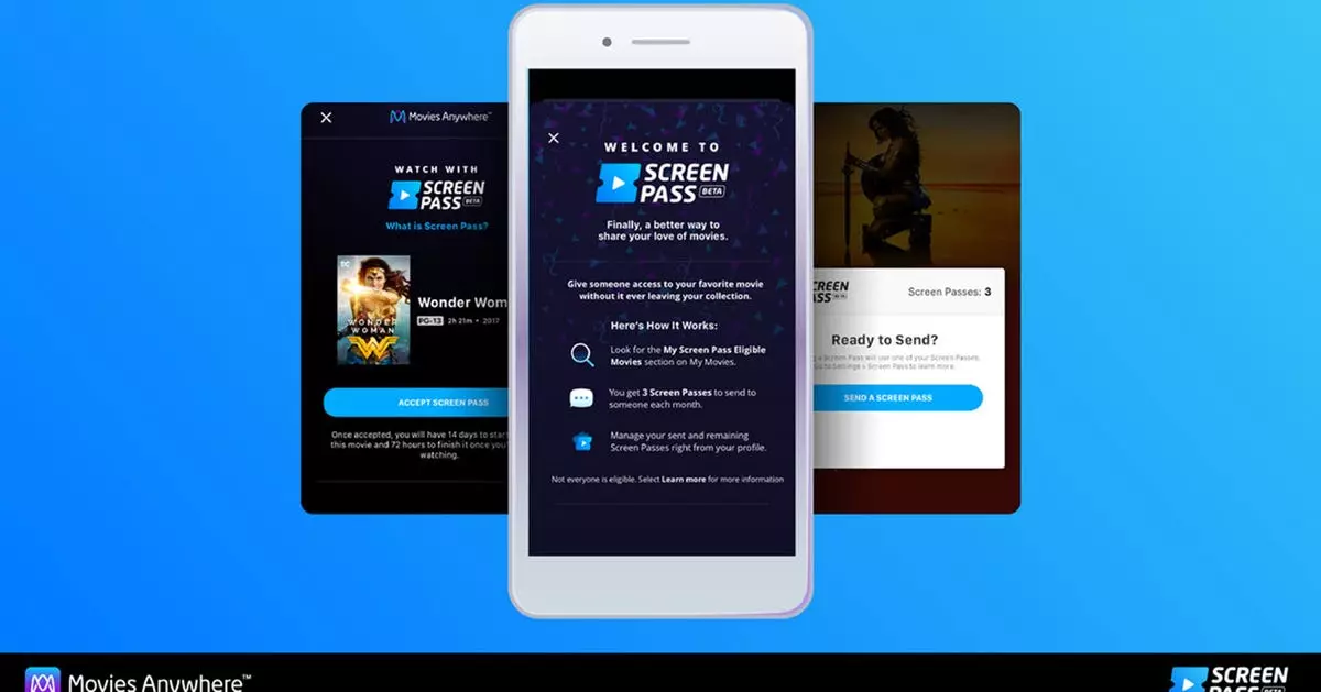 Tre telefoner med Movies Anywhere-appen åben med en Screen Pass-dialog