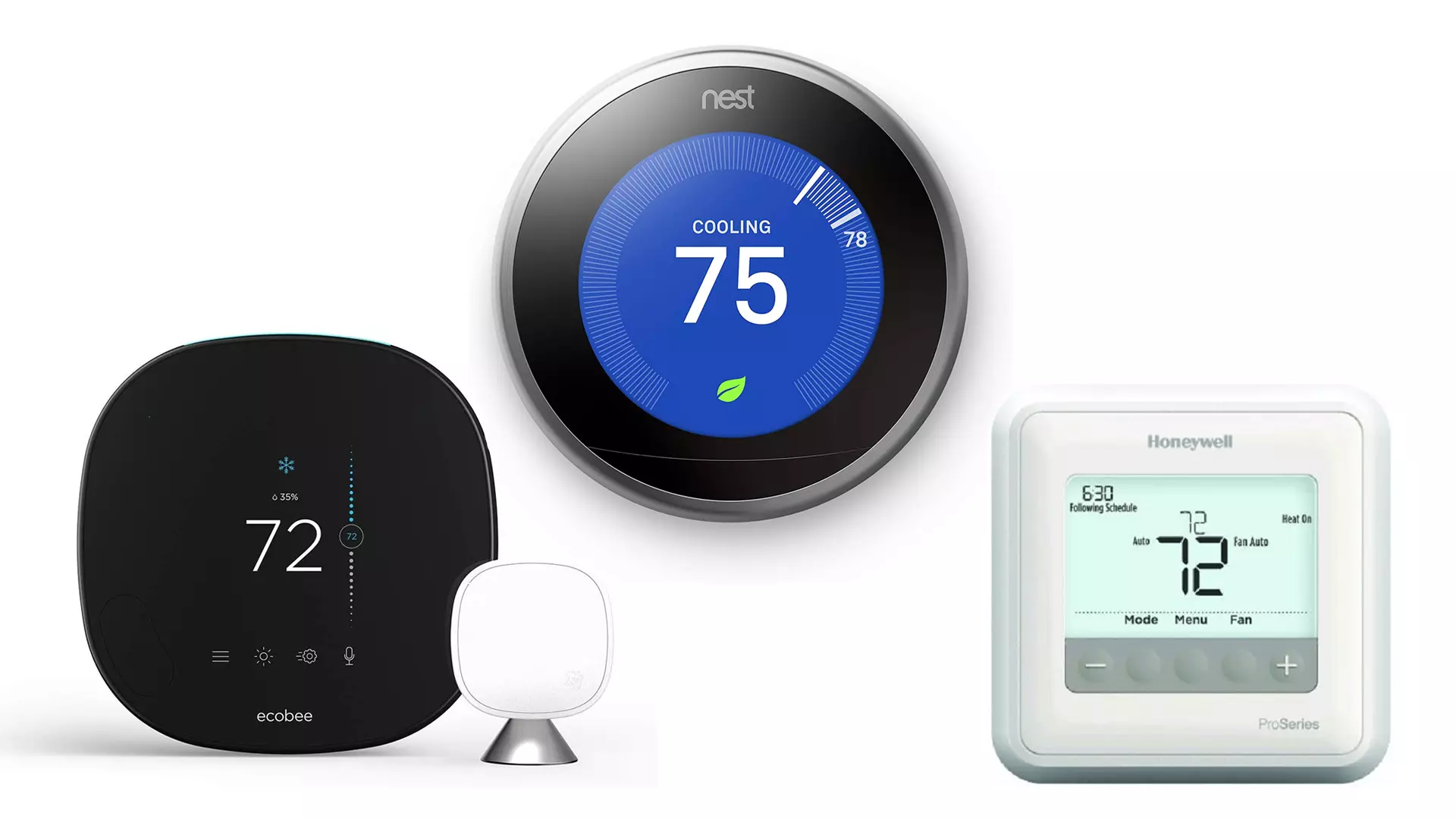 Ang Google Nest Learning Thermostat, ang ecobee SmartThermostat, at ang Honeywell Lyric T4