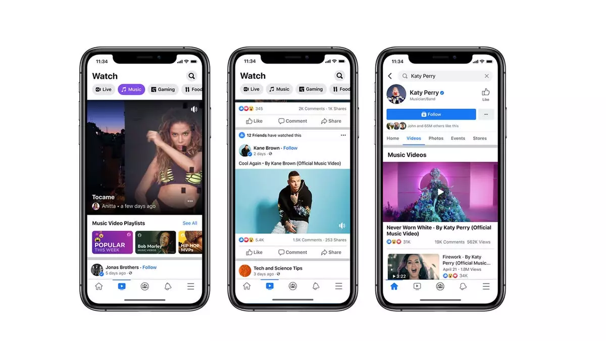 Tri telefóny iPhone zobrazujúce hudobné videá v aplikácii Facebook.