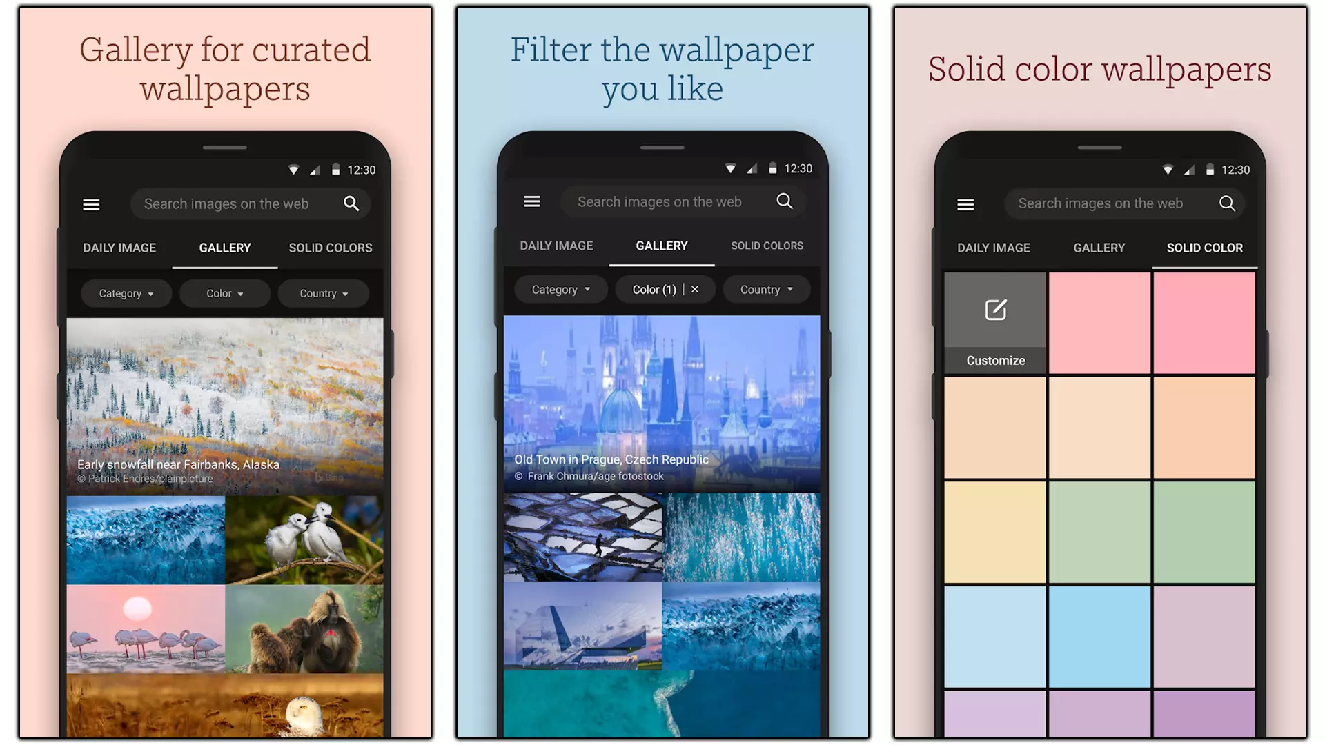 Tre bilder av Bing Wallpapers-appen.