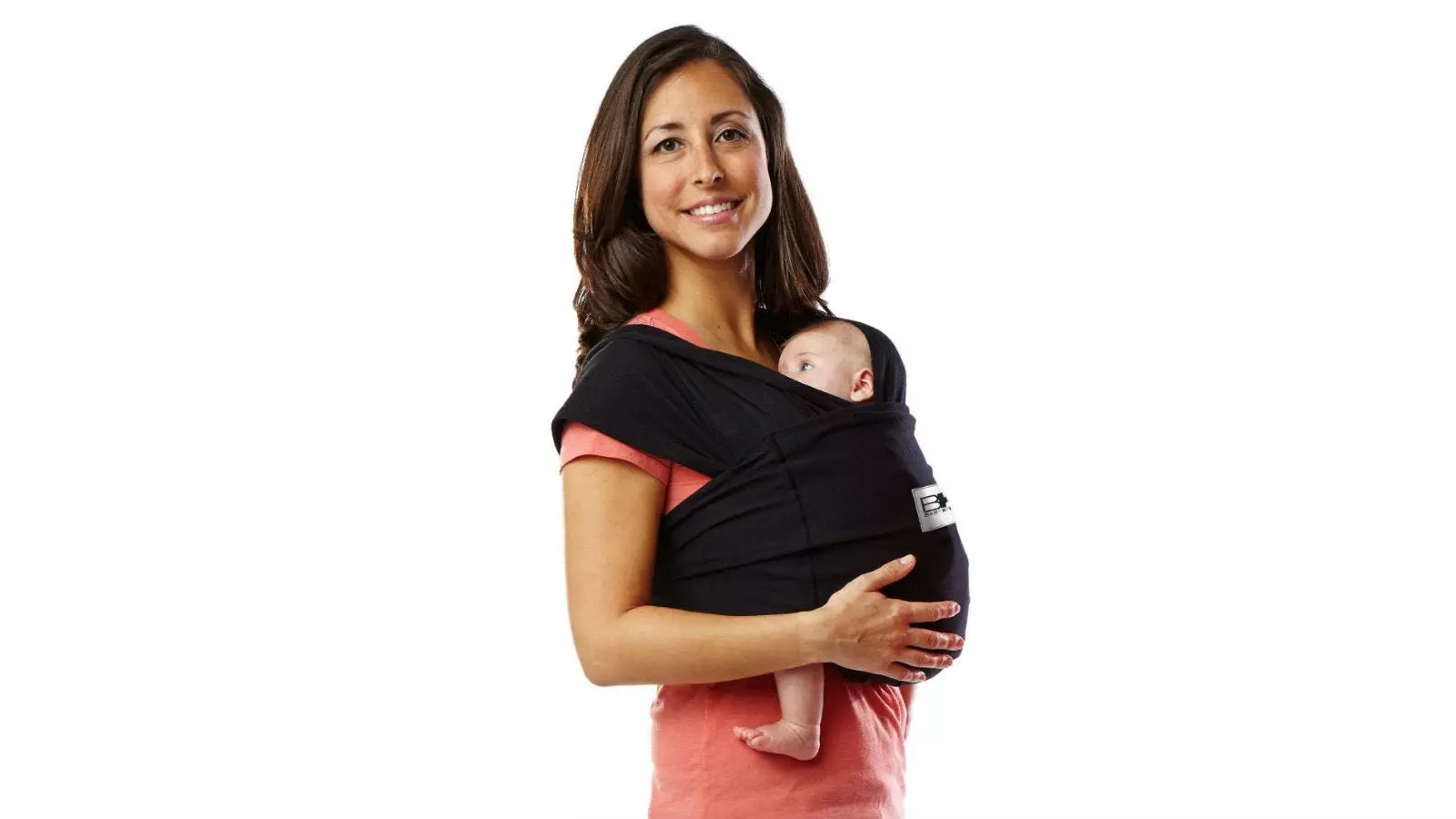 Een vrouw die een baby vasthoudt in een Baby K'Tan Original Carrier.