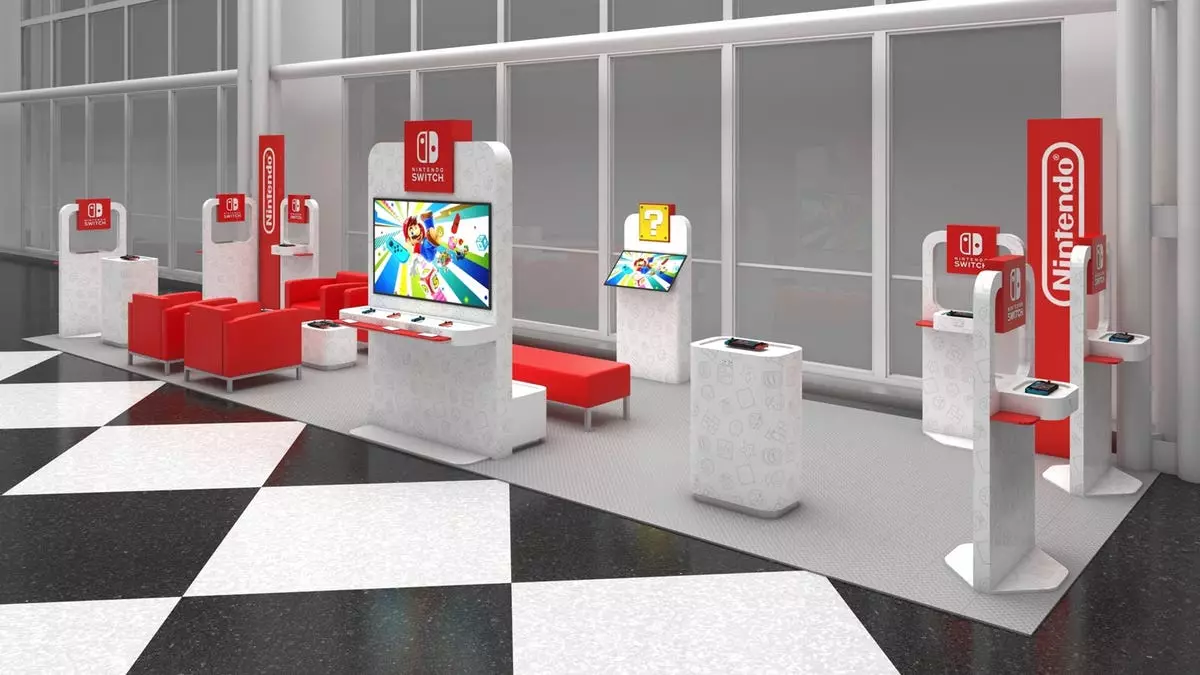 Iššokantis „Nintendo“ poilsio kambarys, raudonas, pilkas ir užpildytas „Nintendo“ jungikliais.