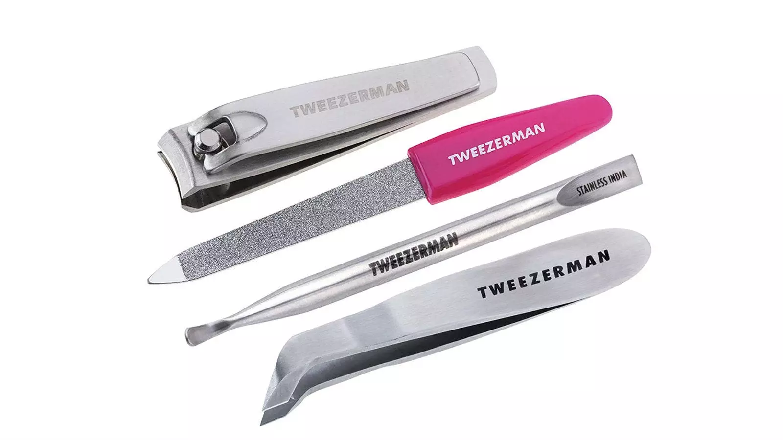 Nůžky na nehty Tweezerman, pilník na nehty, zatlačovač kůžičky a zastřihovač nehtové kůžičky.