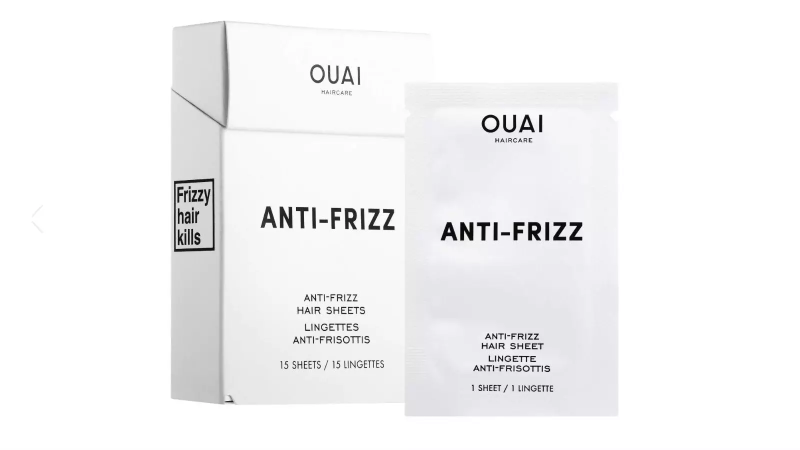 Một hộp 15 Ouai Anti-Frizz Hair Sheets bên cạnh một gói chứa một tờ.