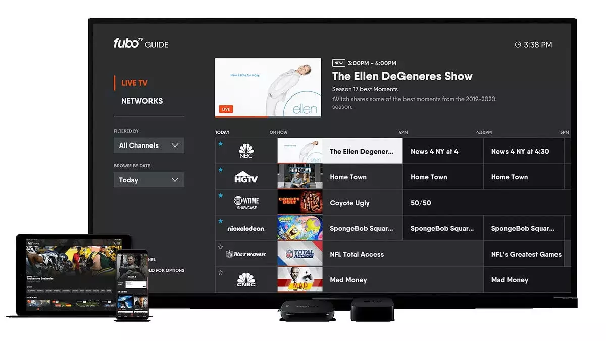 Тэлевізар, Macbook і тэлефон, якія паказваюць кіраўніцтва FuboTV з некалькімі каналамі.