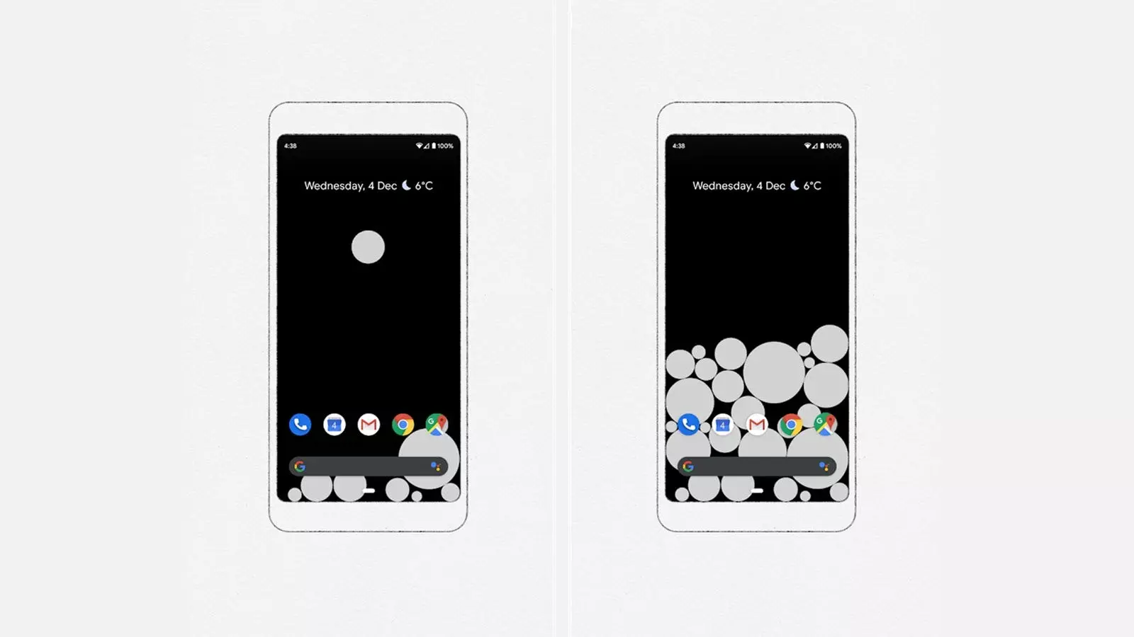 Două telefoane cu cantități diferite de bule de mai multe dimensiuni care umplu pagina de pornire.e