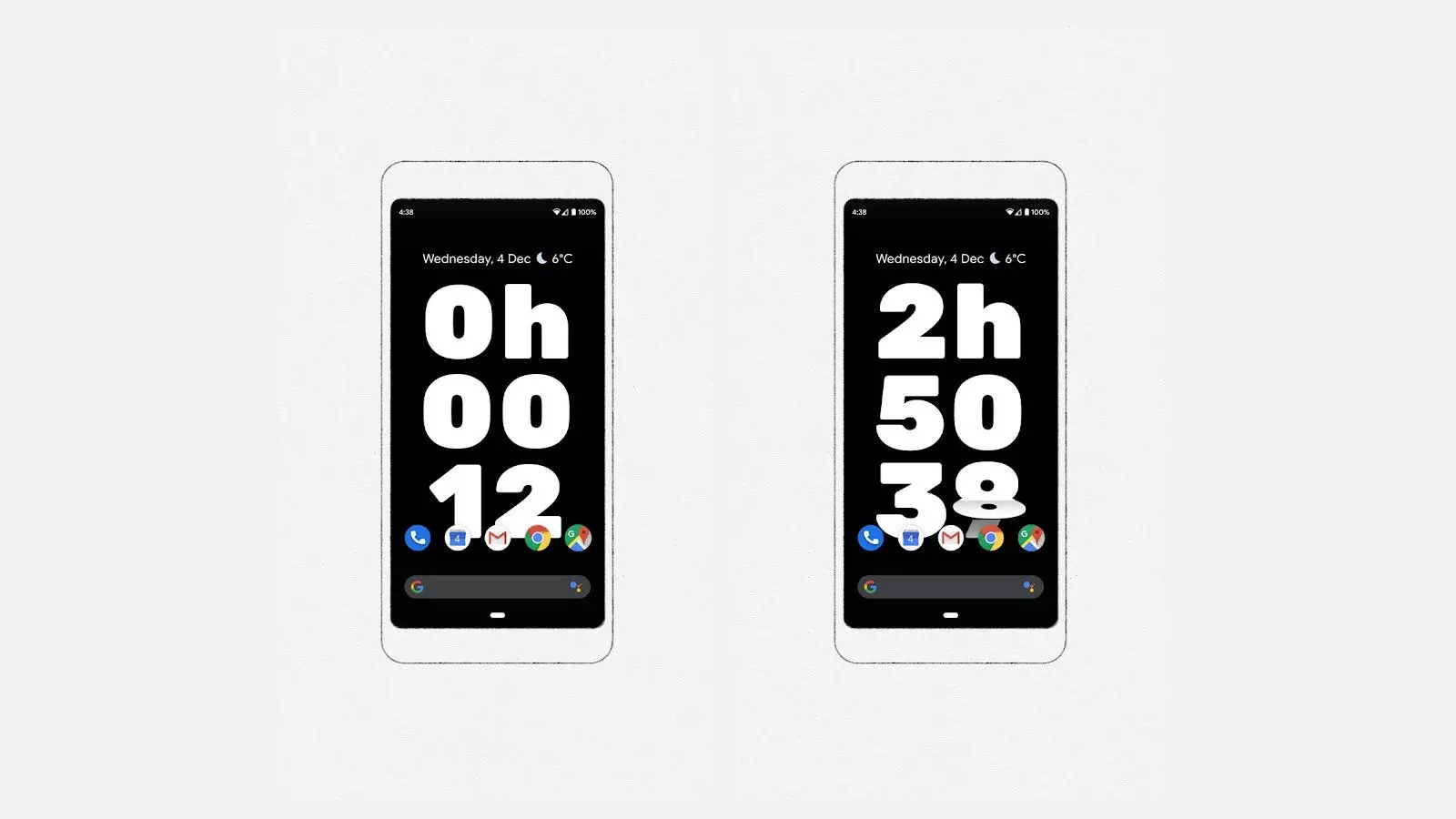 Du telefonai su chronometrais, skaičiuojančiais pagrindiniame ekrane.