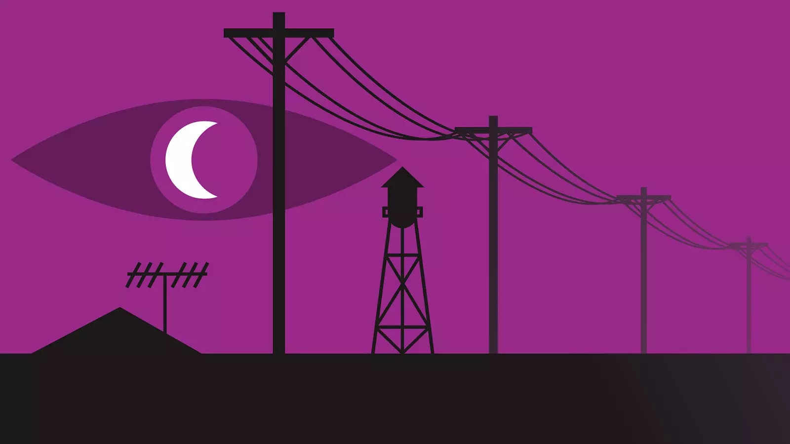 Poster promozionale di Welcome to Night Vale con il loro caratteristico cielo viola e la luna con un occhio.