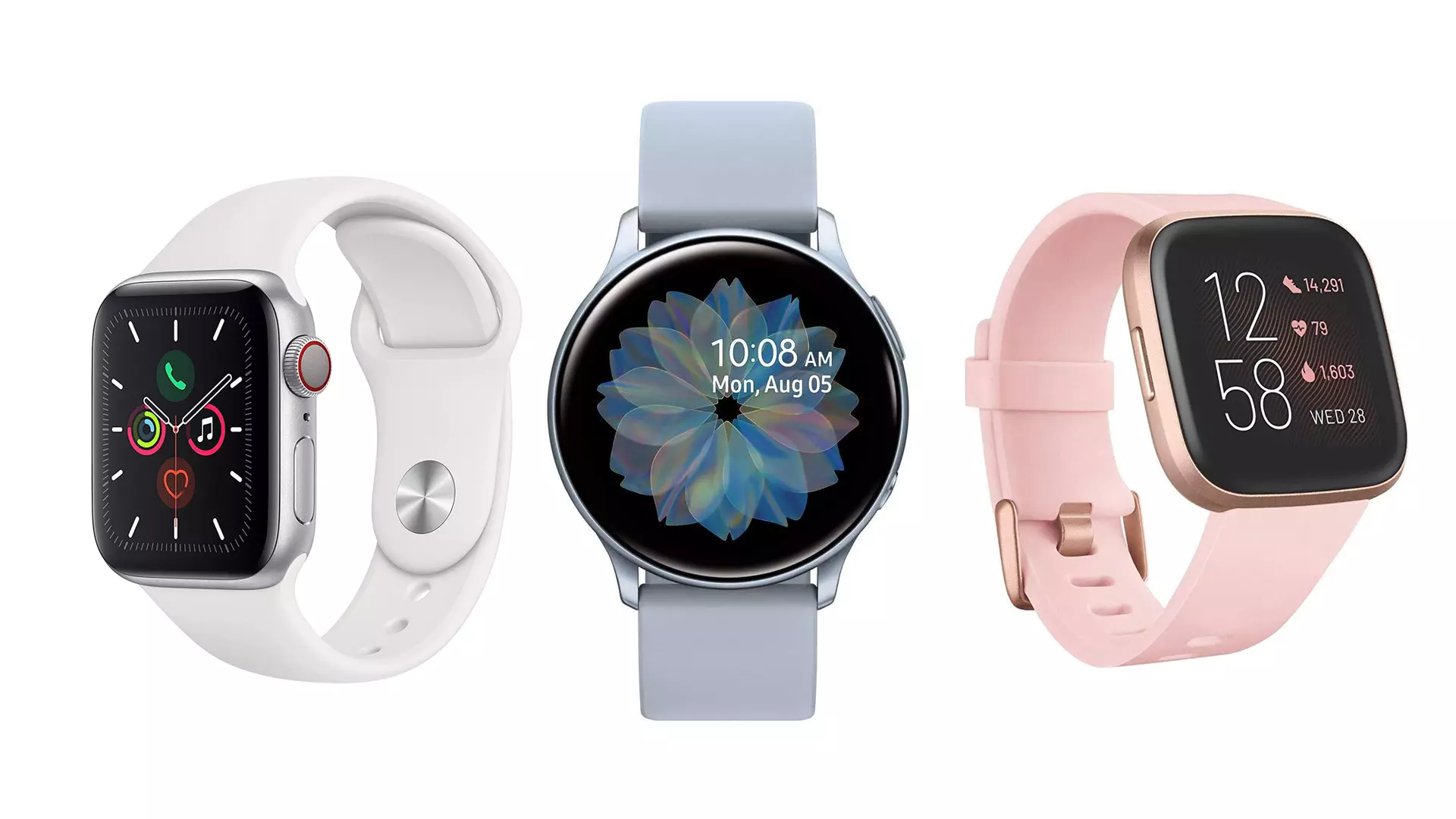 An Samsung Galaxy Watch Active 2, an Apple Watch Series 5, agus an FitBit Versa 2