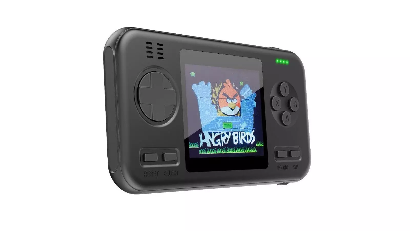 Um Gaming Power Bank preto com a tela inicial do Angry Birds.