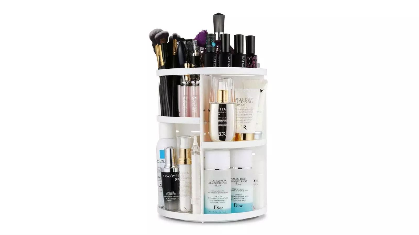 Ang Jerrybox 360 Degree Rotating Vanity Organizer na puno ng mga makeup brush, nail polish, at mga produkto ng skincare.